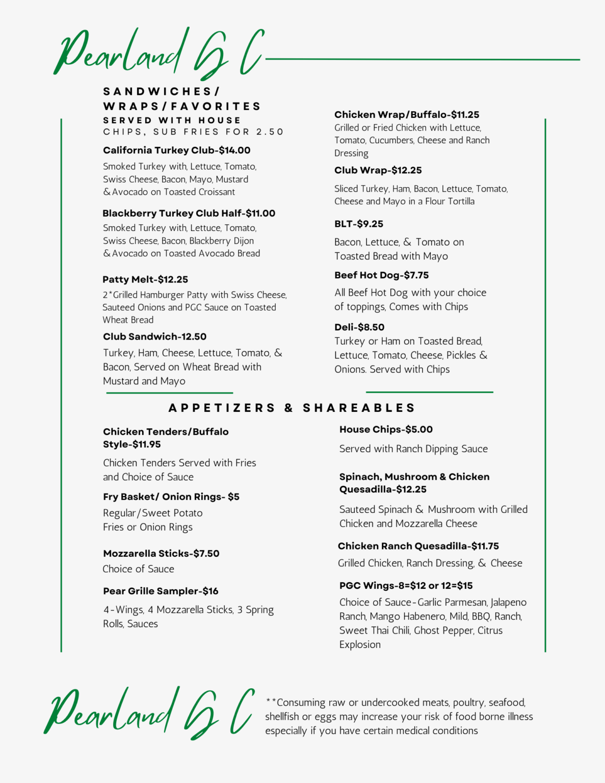 Menu – Pearland Golf Club – Pearland, TX