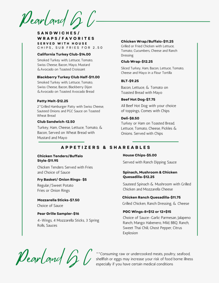 Menu – Pearland Golf Club – Pearland, TX