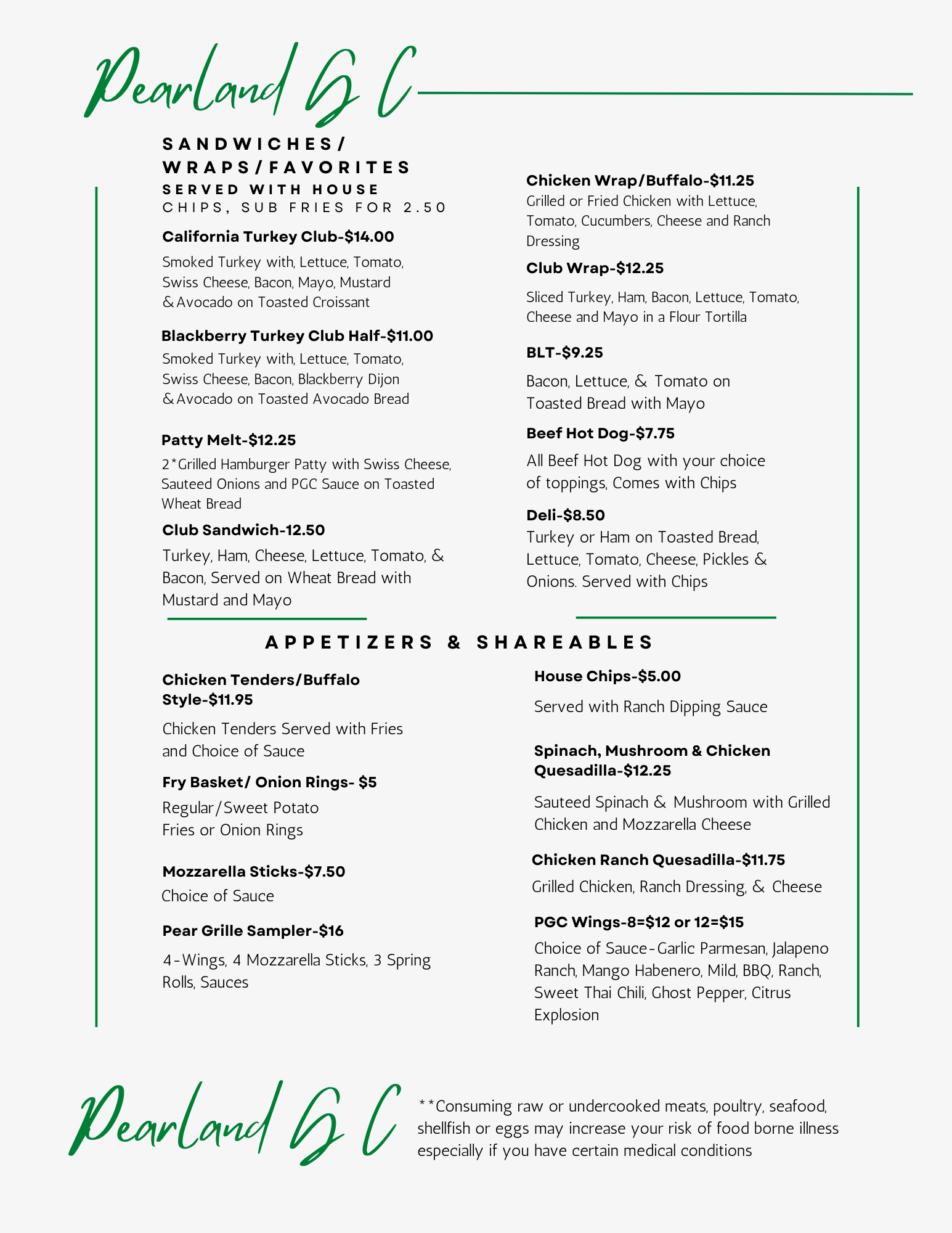 Menu – Pearland Golf Club – Pearland, TX