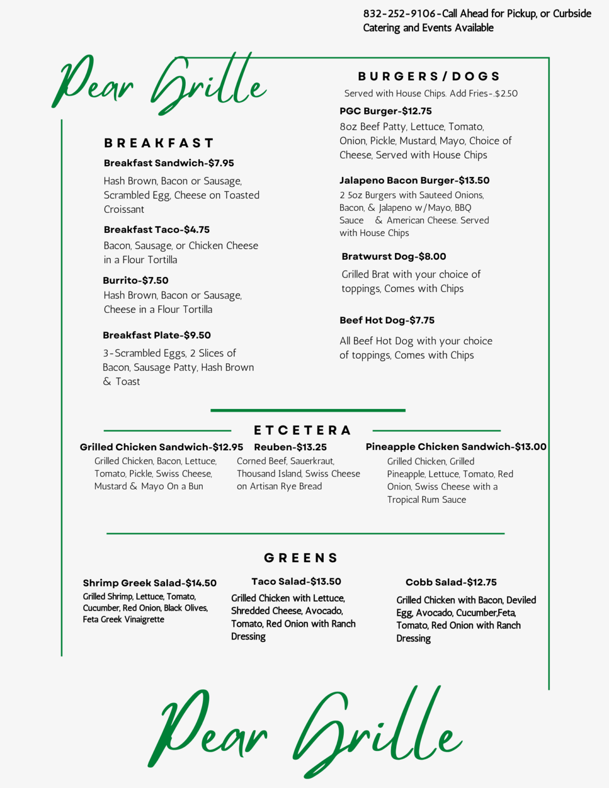 Menu – Pearland Golf Club – Pearland, TX